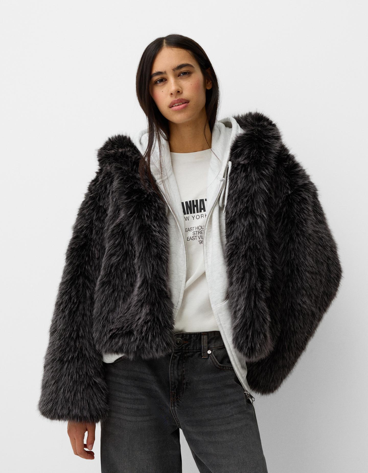 Bershka Faux Fur Jacket With Hood in Black | Lyst