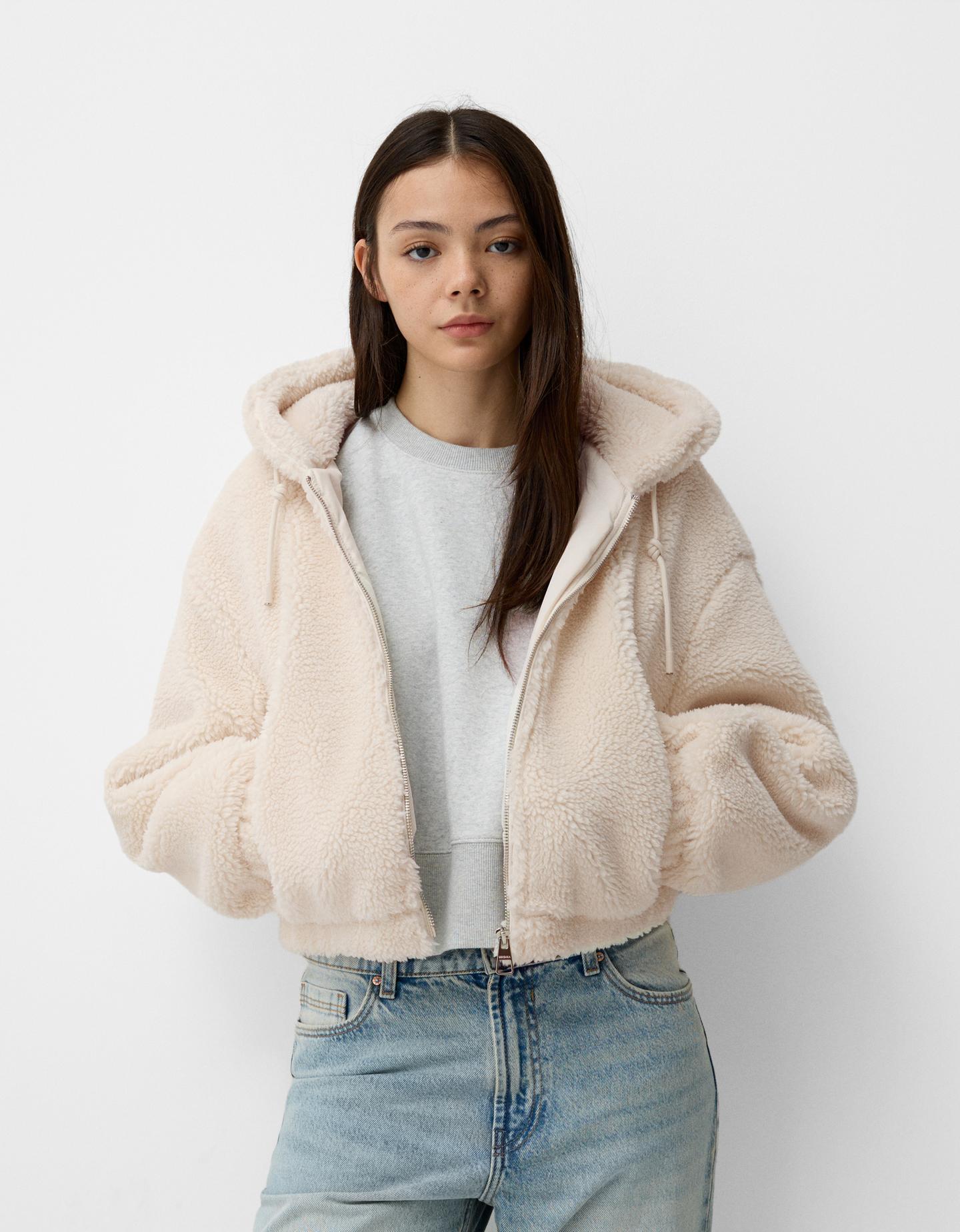 Bershka Faux Shearling Jacket With Hood Off in Natural | Lyst
