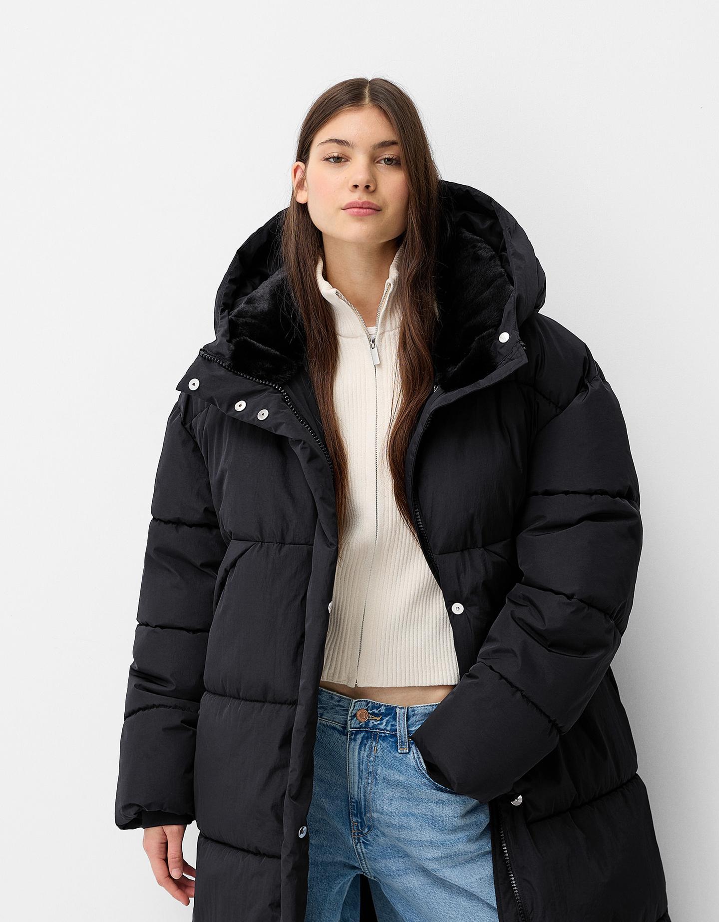 Bershka Long Puffer Coat With Hood in Black | Lyst