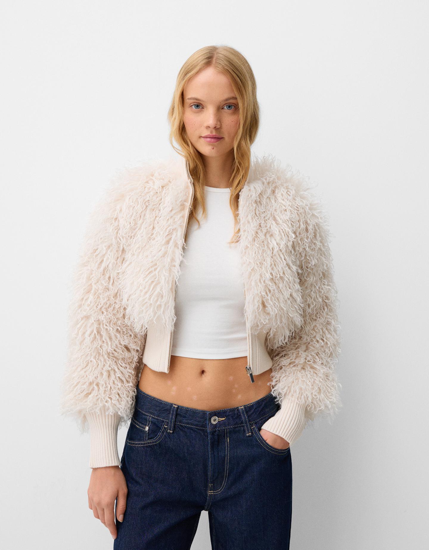 Bershka Faux Fur Jacket With Zipper in Natural | Lyst