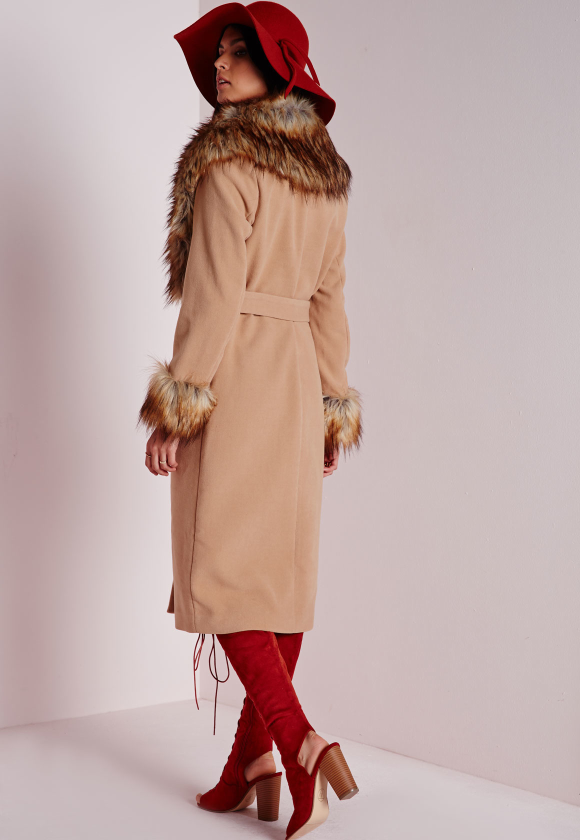 Missguided Faux Fur Collar And Cuff Detail Wool Coat Camel In Natural