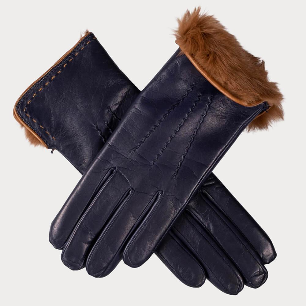 Black Accessories And Caramel Rabbit Fur Lined Leather Gloves in Blue ...