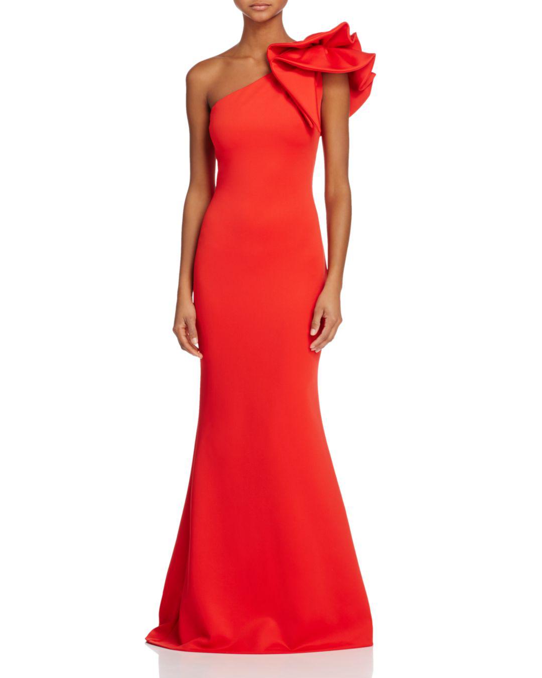 Betsy & Adam One - Shoulder Ruffle Gown in Red - Lyst