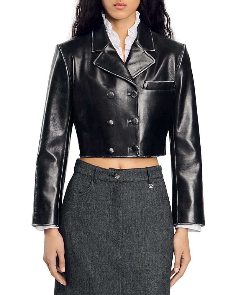Sandro Aiden Cropped Leather Jacket in Black | Lyst