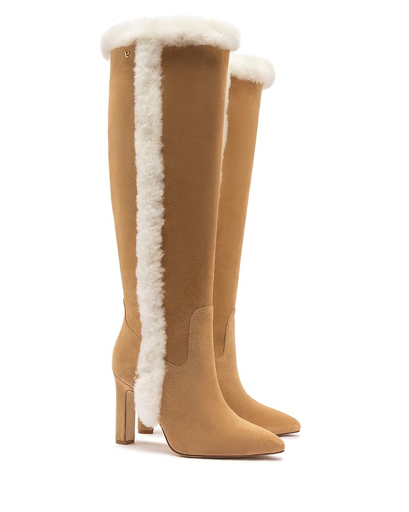 Larroude Cindy Shearling Trim Tall High Heel Boots in Brown | Lyst