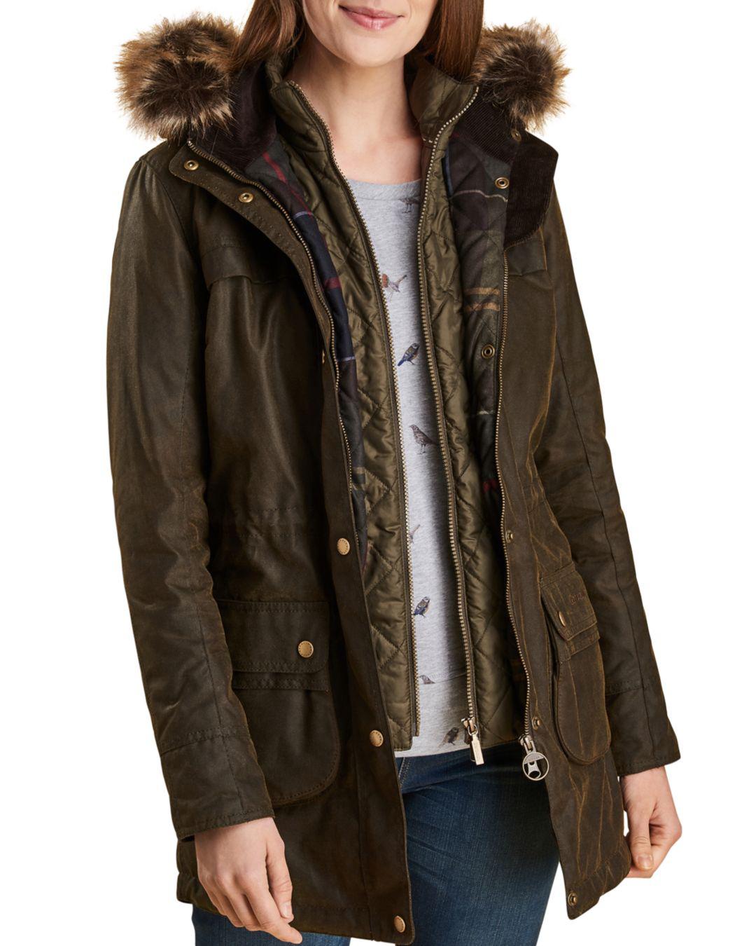 barbour dartford faux fur trim waxed parka