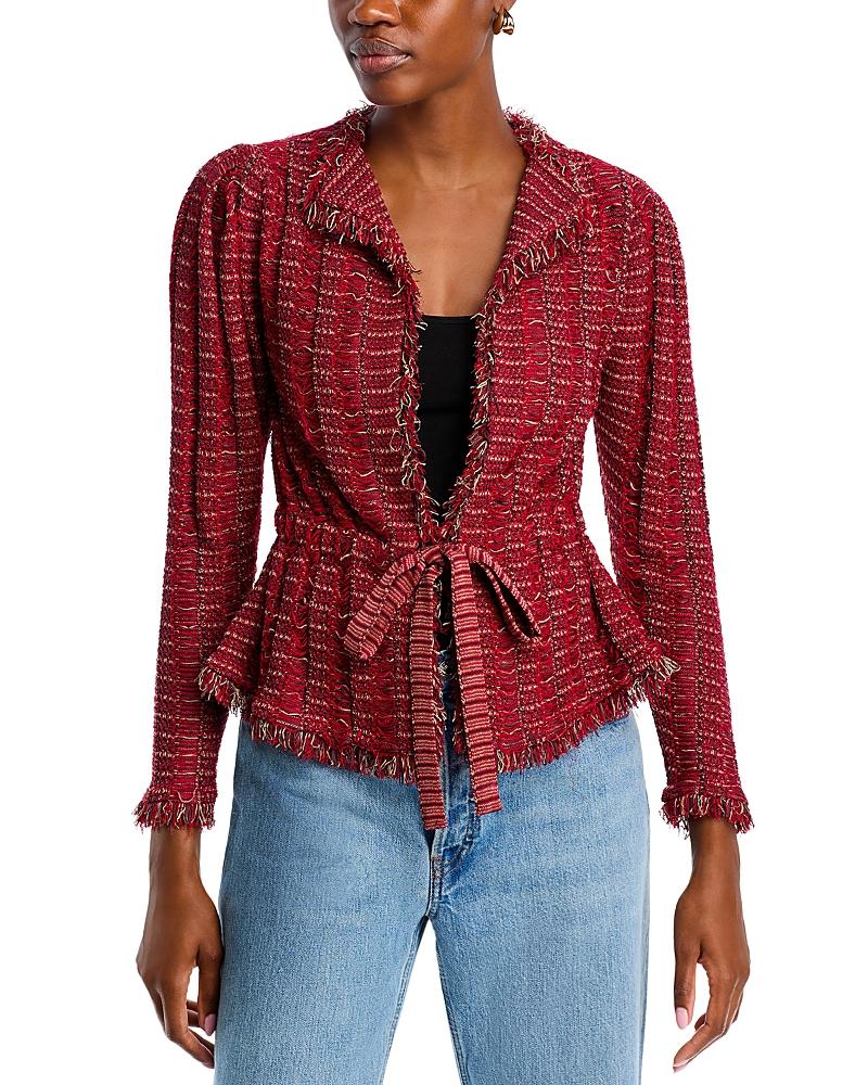 Misook Linear Fringe Tweed Belted Knit Jacket in Red | Lyst