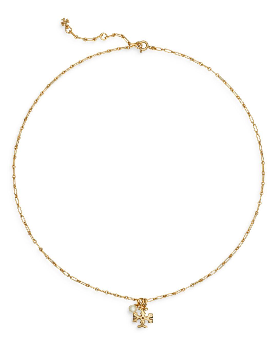 Tory Burch Roxanne Logo & Imitation Pearl Pendant Necklace in Natural ...