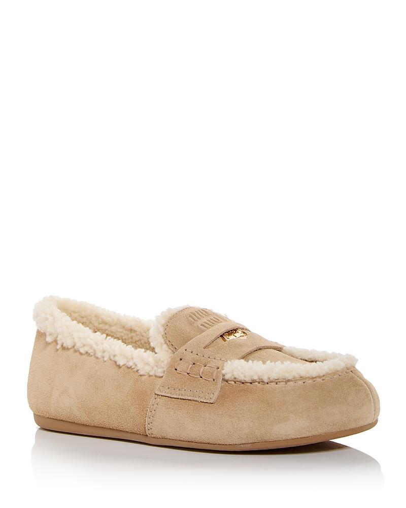 Miu Miu Shearling Penny Loafers in Natural | Lyst