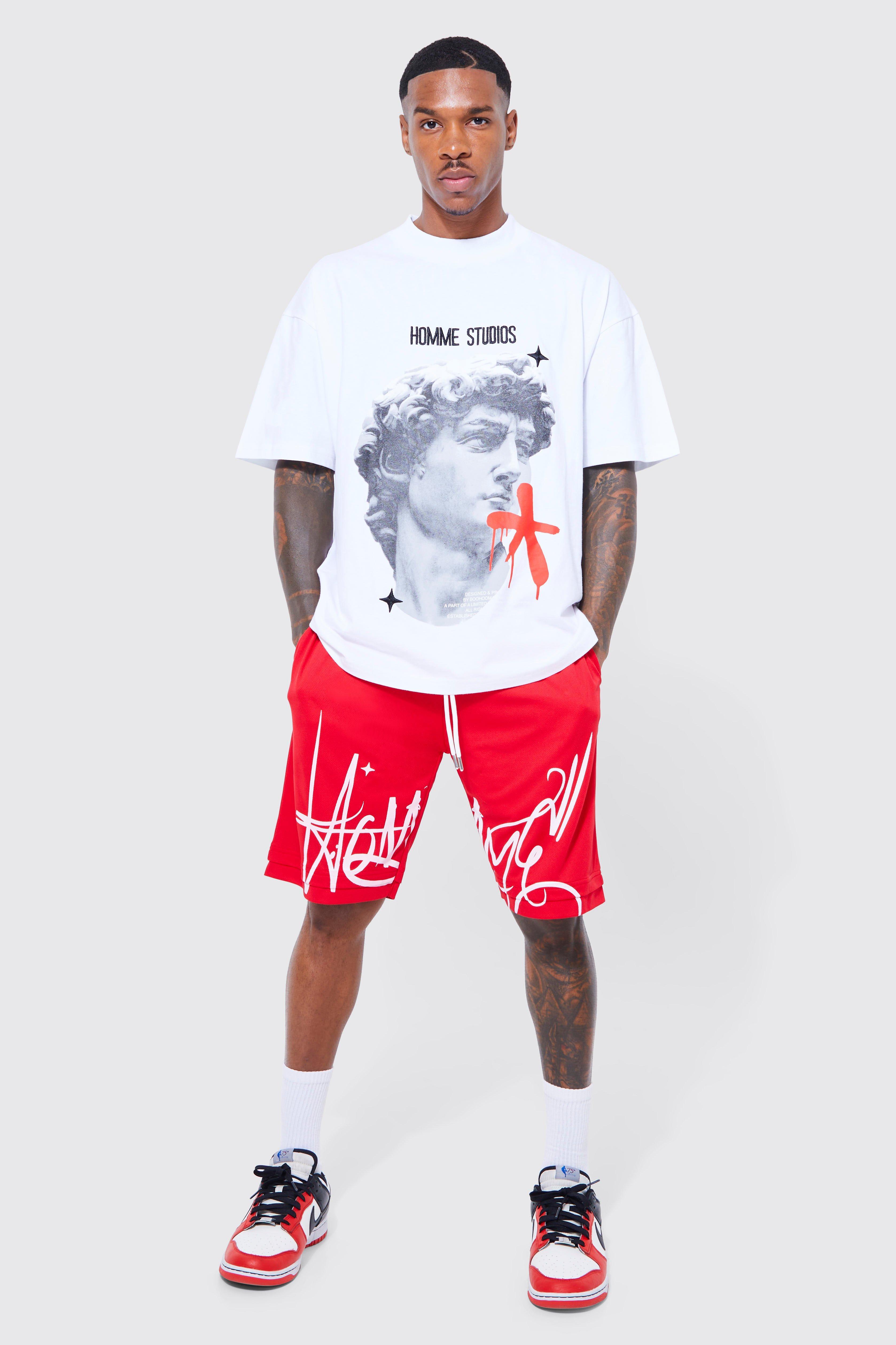 Boohooman Oversized Statue Graphic T Shirt And Faux Layer Short In Red