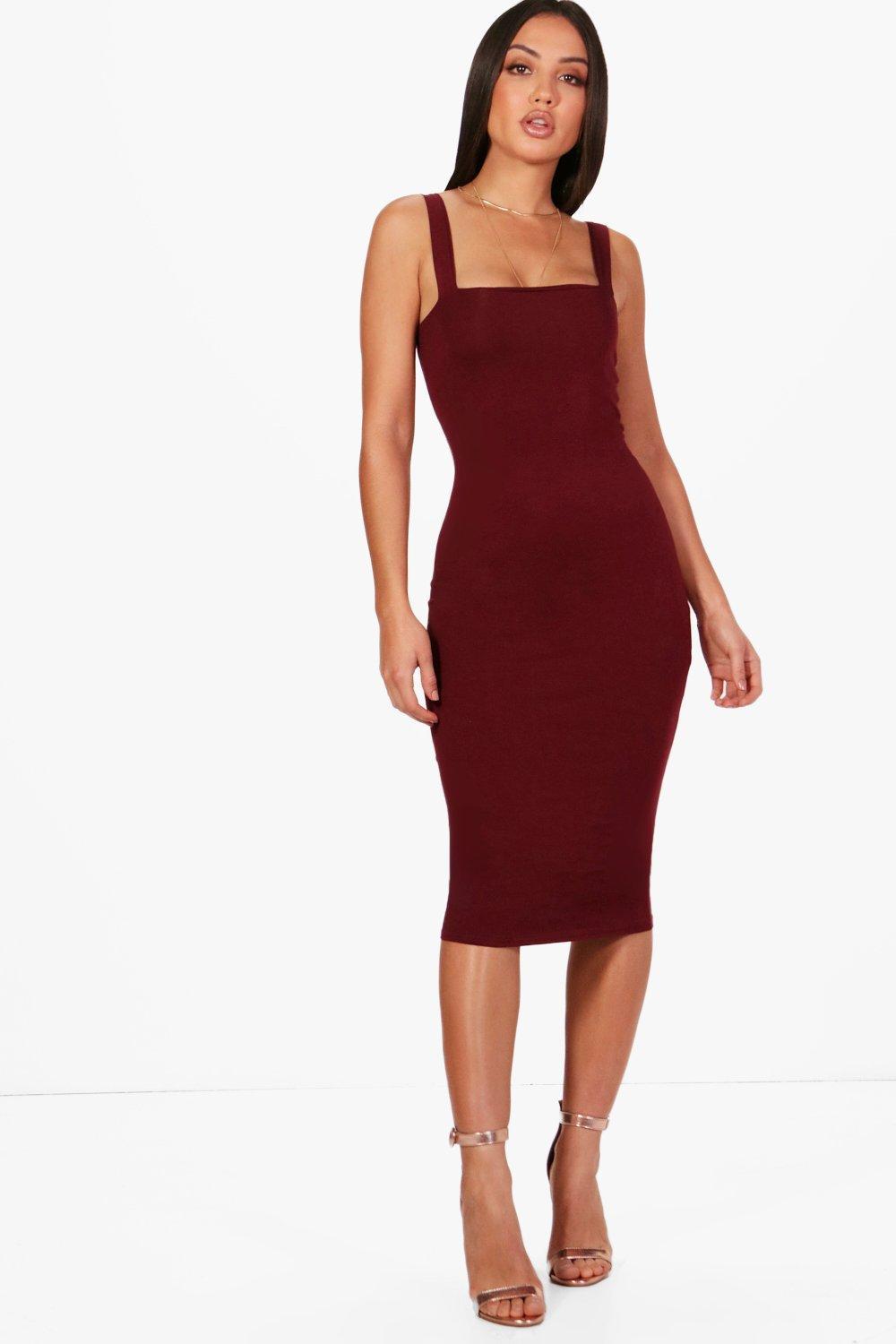 Boohoo Cotton Square Neck Bodycon Midi Dress In Berry Blue Lyst
