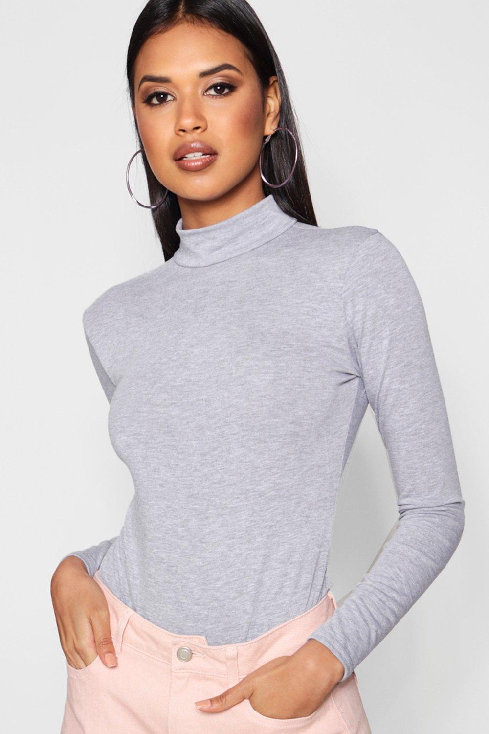 Boohoo Basic Turtle Neck Long Sleeve Bodysuit In Grey Marl Gray Lyst
