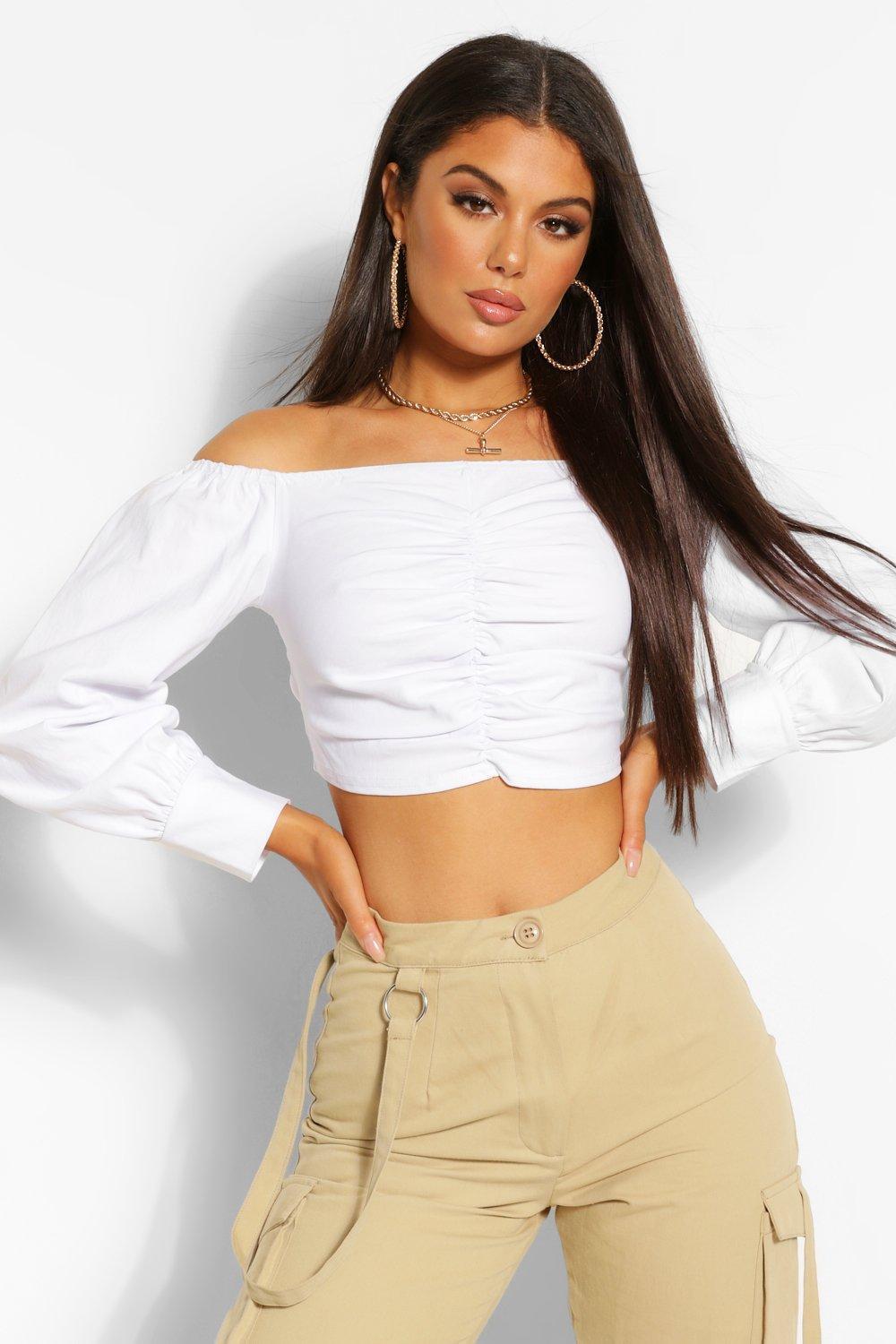 Boohoo Woven Stretch Ruched Off The Shoulder Crop Top In White Lyst