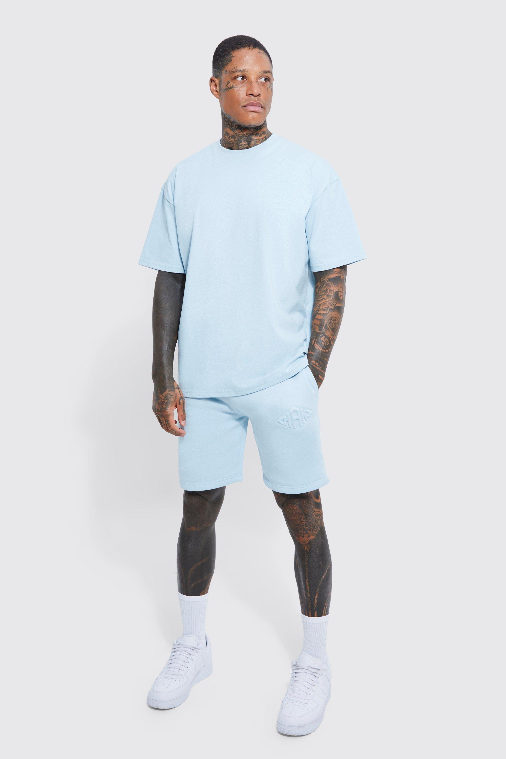 Boohooman Oversized Man Embossed T Shirt And Short Set In Blue For Men