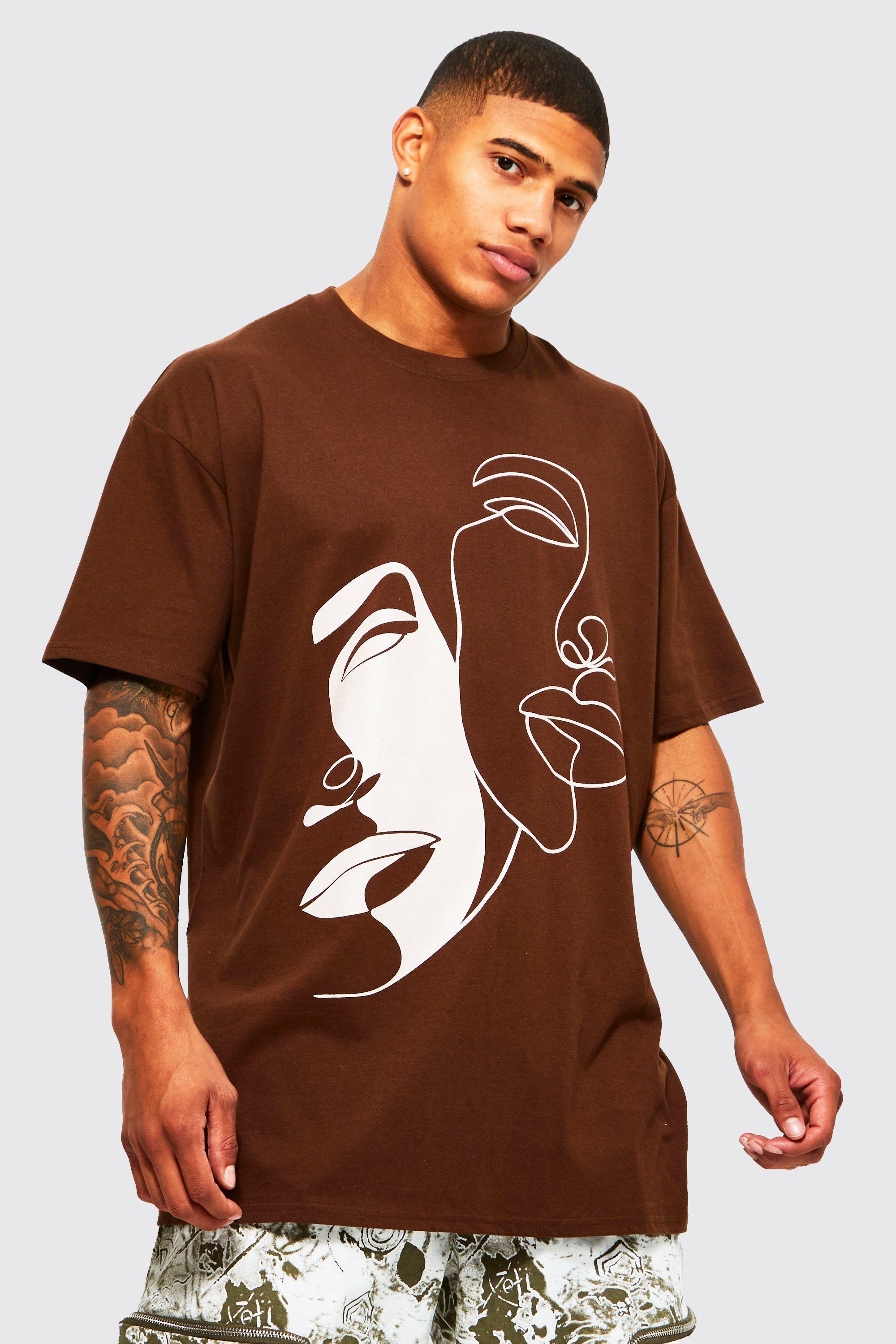 Boohooman Cotton Oversized Line Drawn Mask Print T Shirt In Brown For