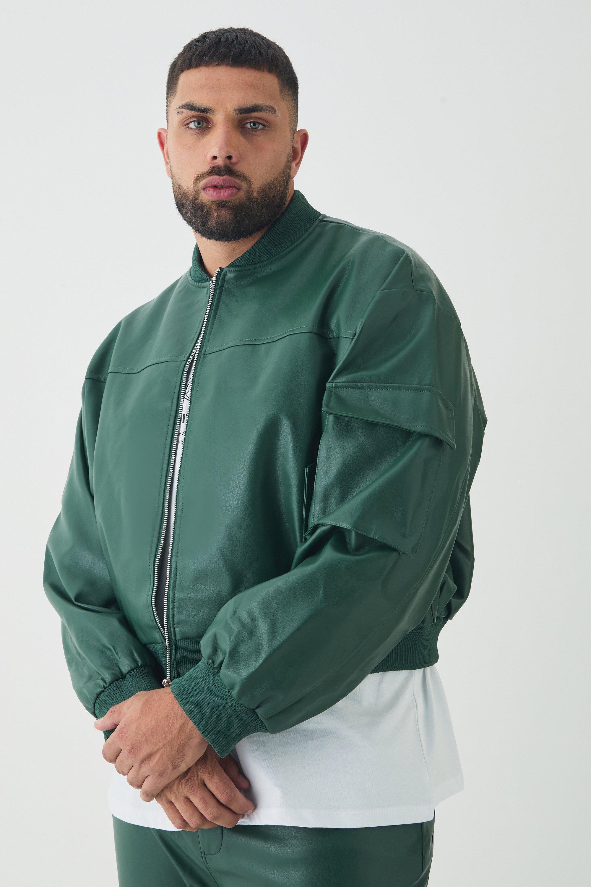 BoohooMAN Plus Pu Boxy Oversized Cargo Bomber Jacket in Green for Men ...