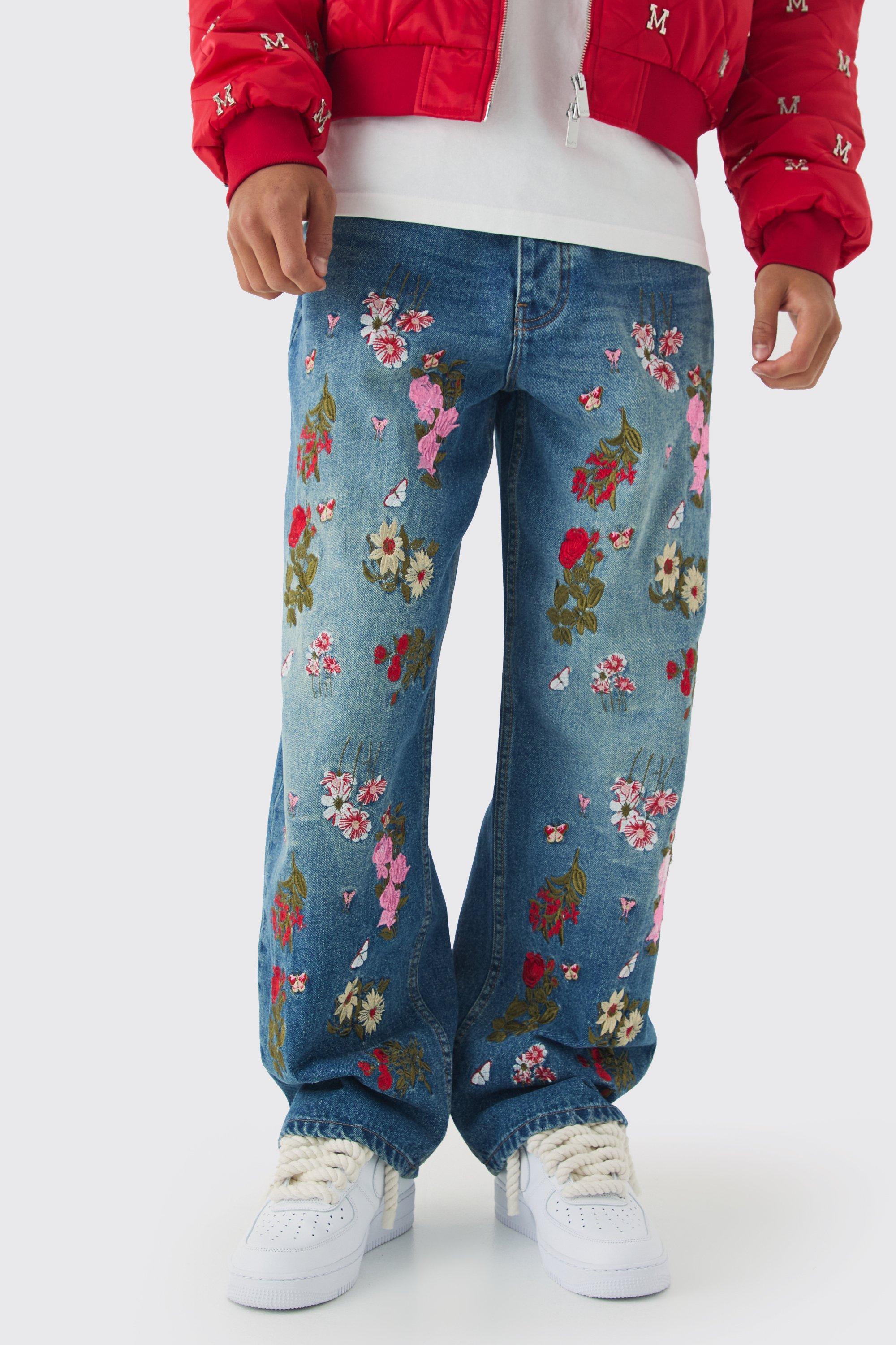 BoohooMAN Baggy Fit Rigid Floral Embroidered Jeans in Blue for Men | Lyst