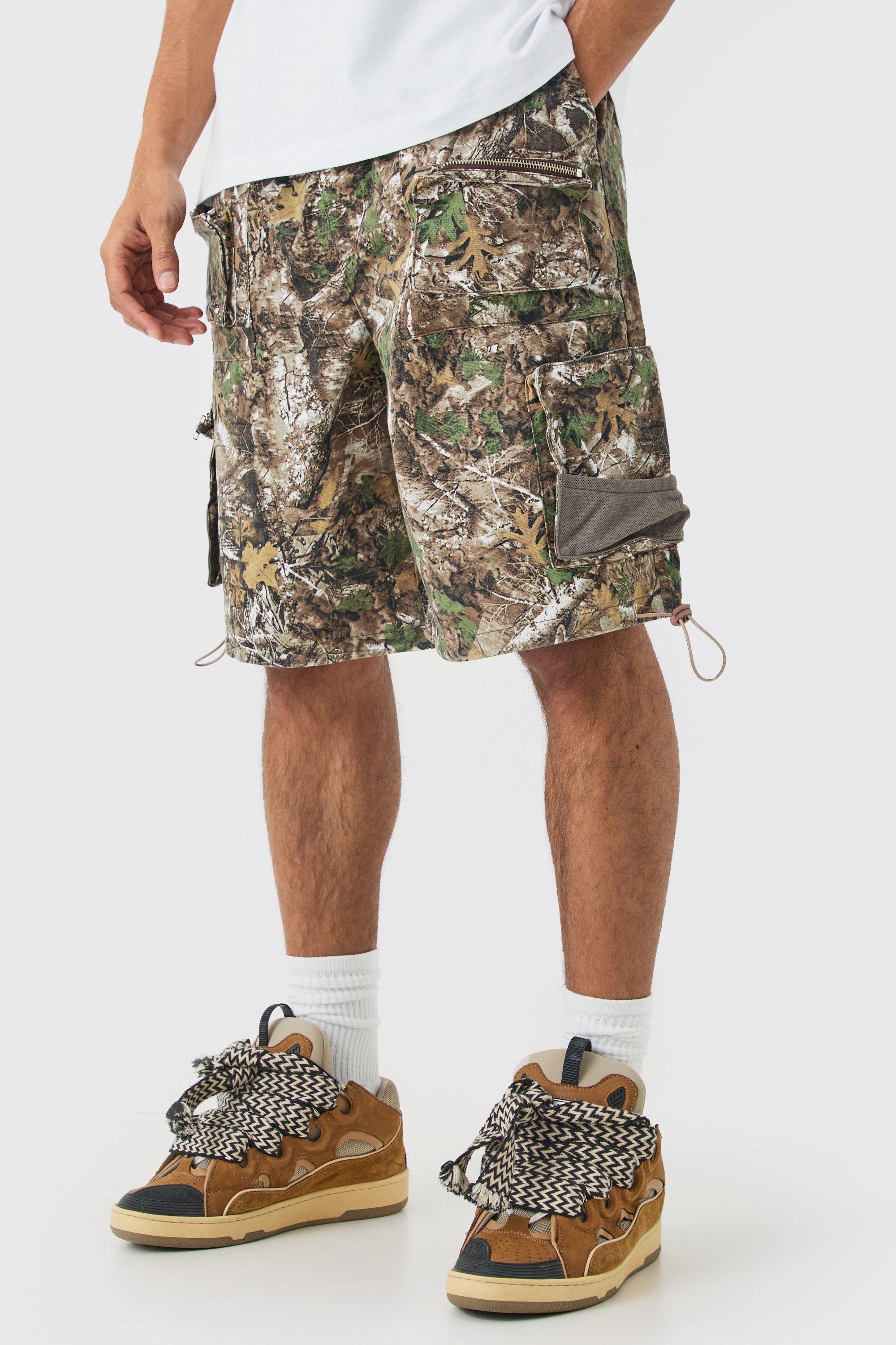 Boohooman Forest Camo Elastic Waist Parachute Cargo Shorts In Green For