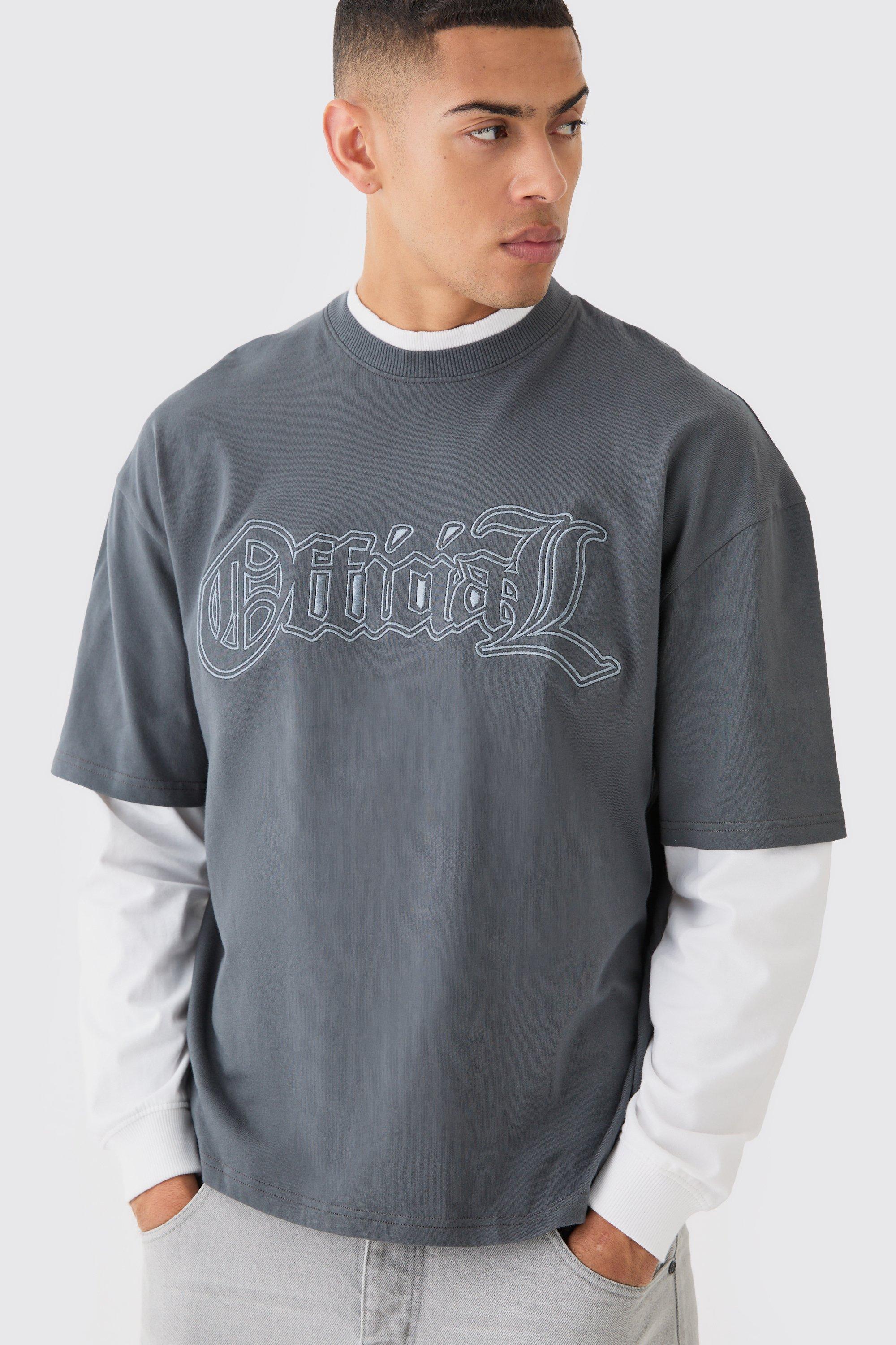 Boohooman Oversized Boxy Faux Layer Acid Wash Embroidered Ofcl T Shirt
