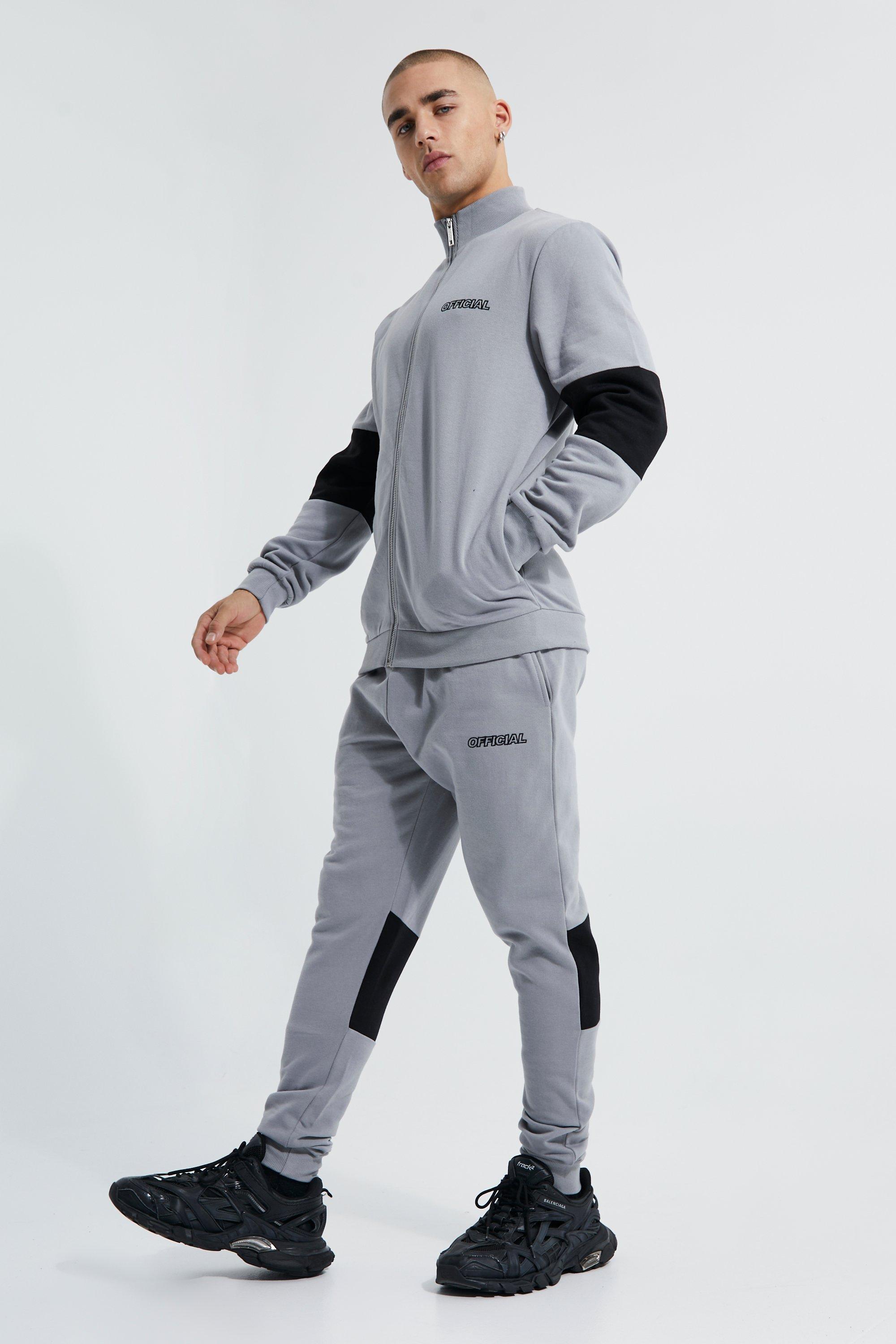 Boohooman Lightweight Slim Official Zip Funnel Tracksuit In Grey For