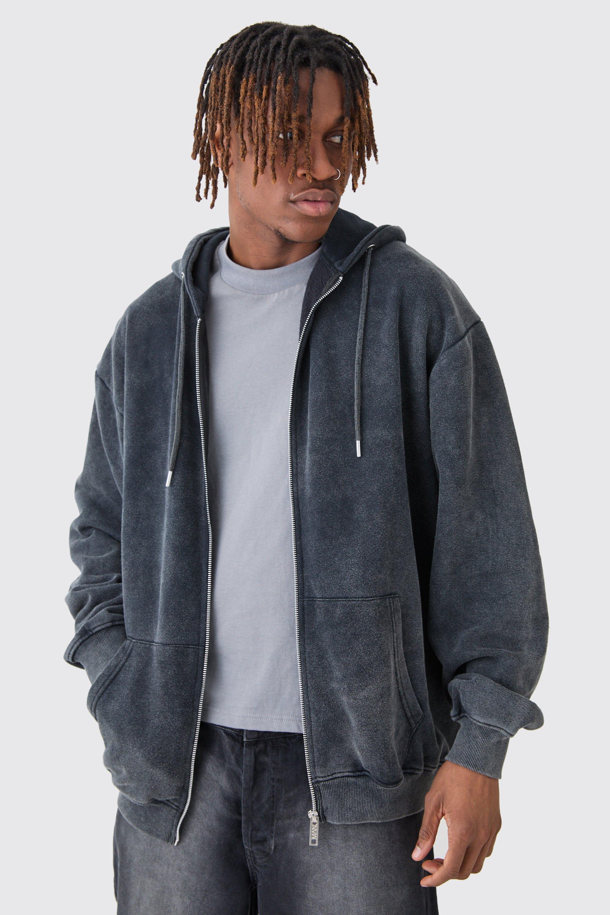 BoohooMAN Plus Oversized Zip Through Acid Wash Hoodie in Gray for Men ...