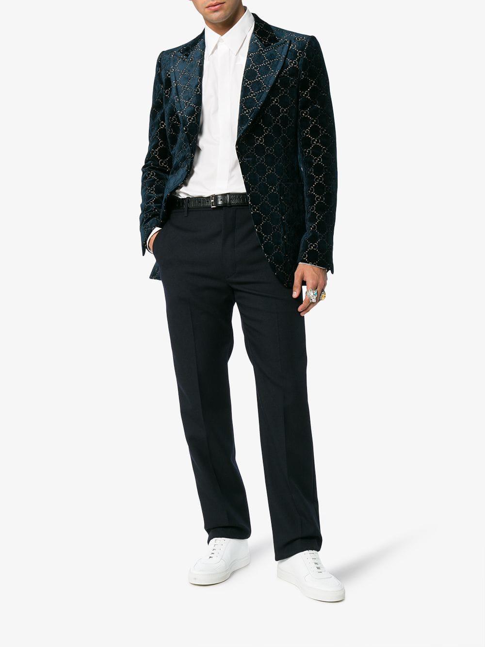 Gucci Logo Jacquard Cotton Blend Velvet Blazer in Blue for Men - Lyst