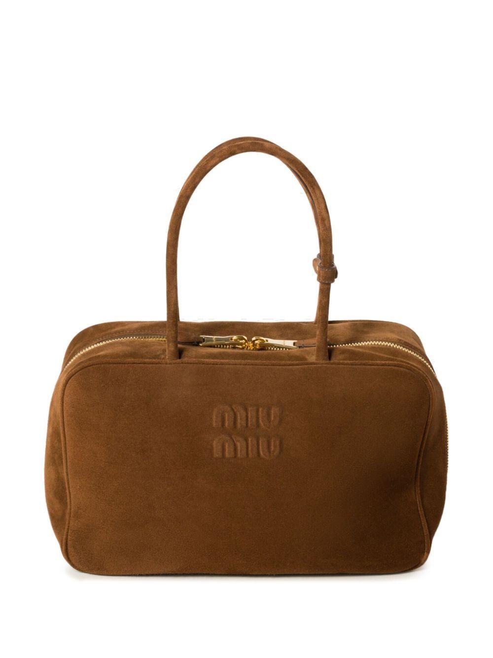 Miu Miu Beau Logo-Debossed Suede Bag in Brown | Lyst UK