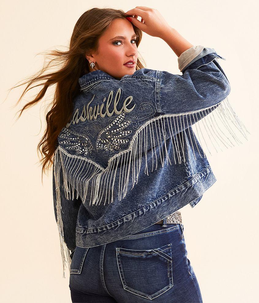Miss Me Nashville Rhinestone Fringe Denim Jacket in Blue | Lyst