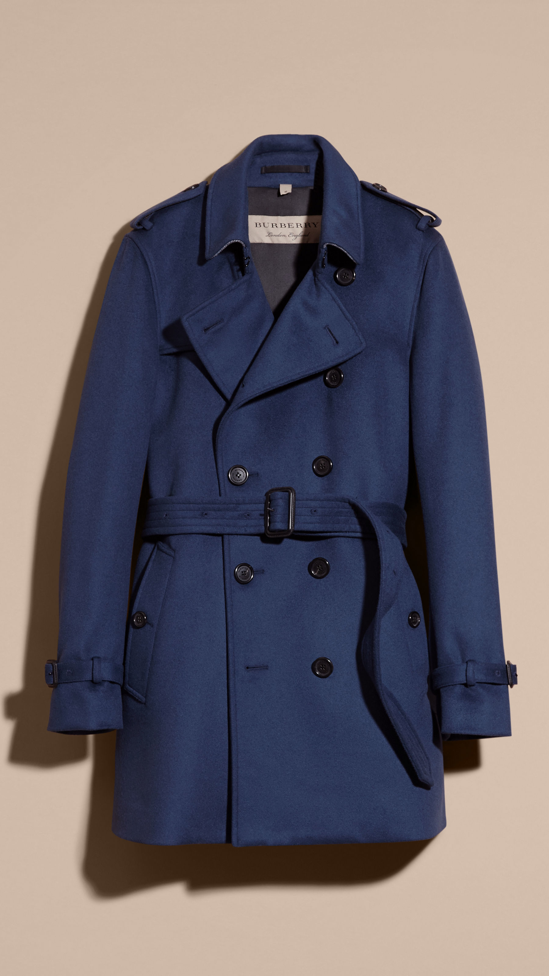Burberry Leather Trim Cashmere Trench Coat Dark Mineral Blue in Black ...