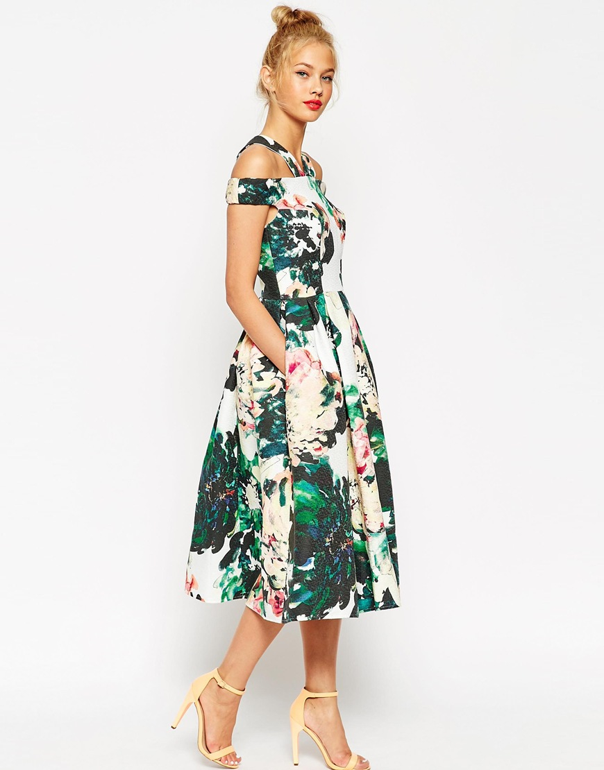 Lyst Asos Midi Prom Dress In Large Bright Floral In Green