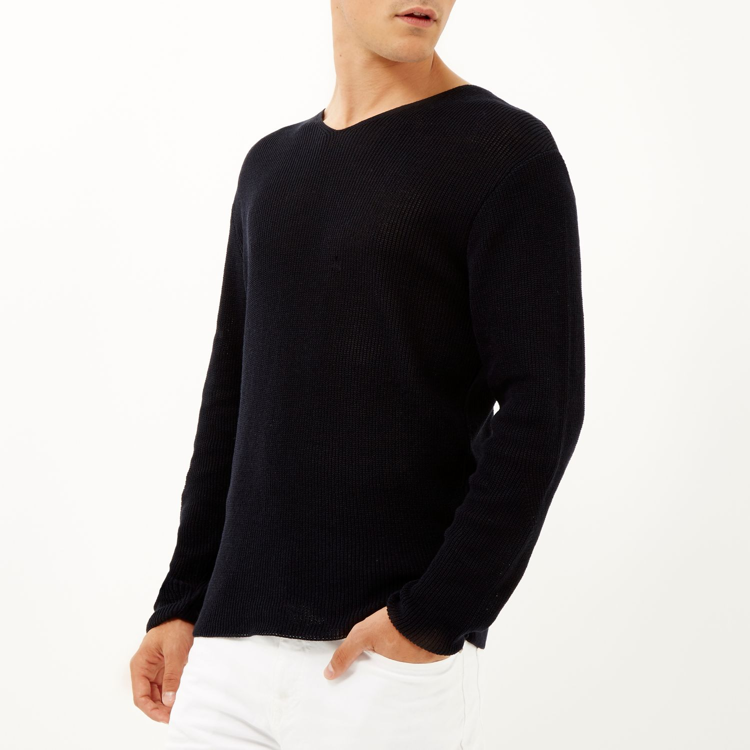 River island Navy Blue V-Neck Long Sleeve Jumper in Blue for Men | Lyst