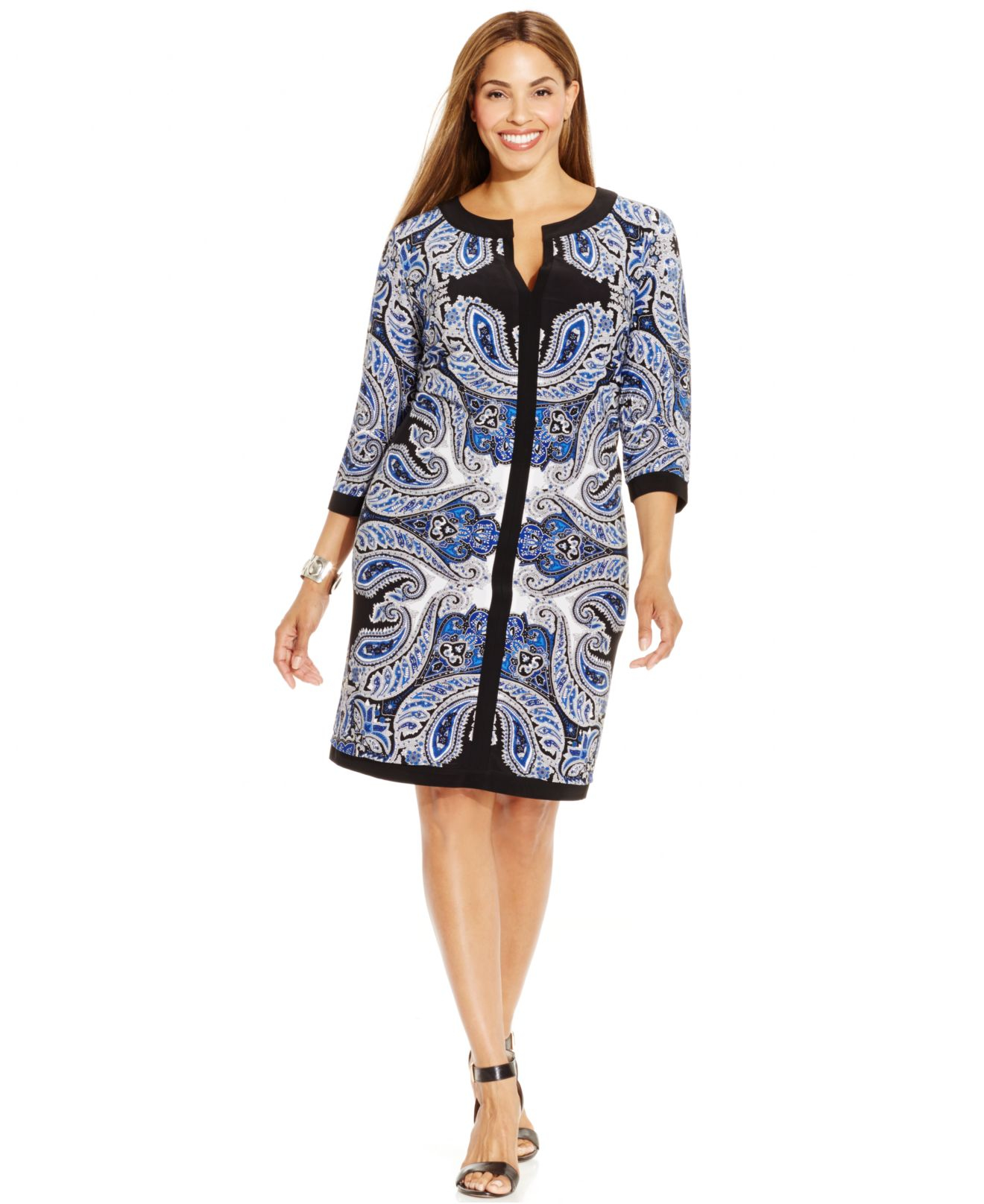 Inc International Concepts Plus Size Split Neck Printed Sheath Dress In