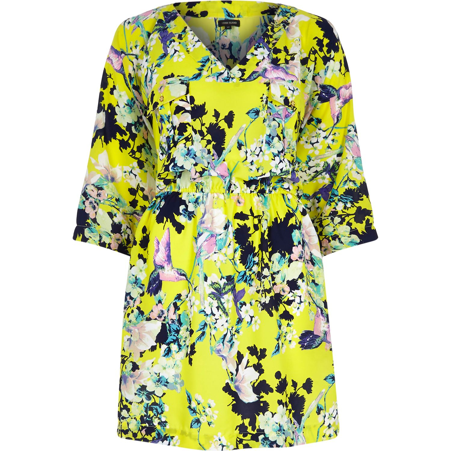 River Island Yellow Crepe Floral Print Kimono Dress In Yellow Lyst