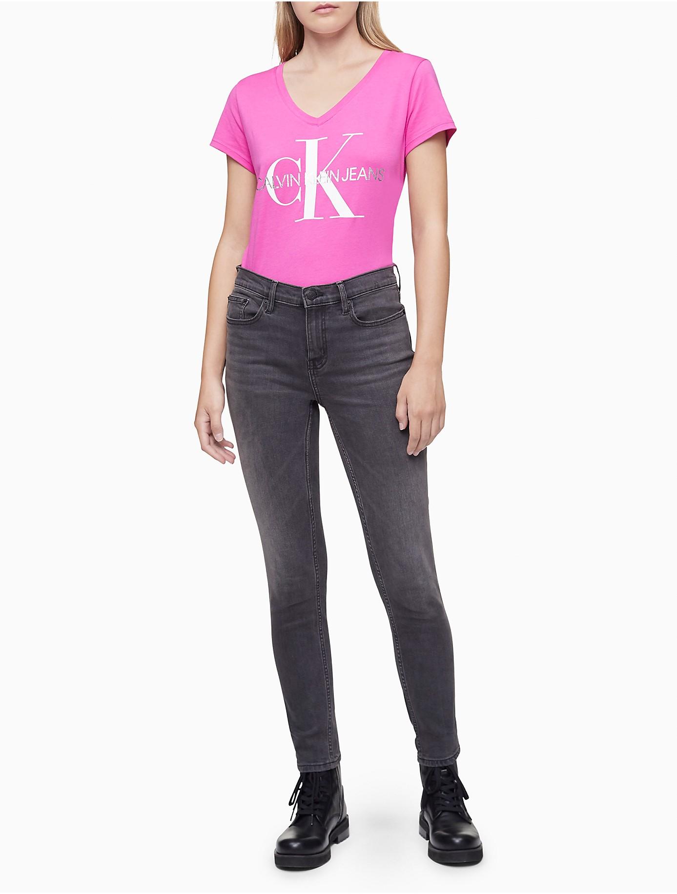 Calvin Klein Cotton Metallic Monogram Logo V Neck T Shirt In Pink Lyst