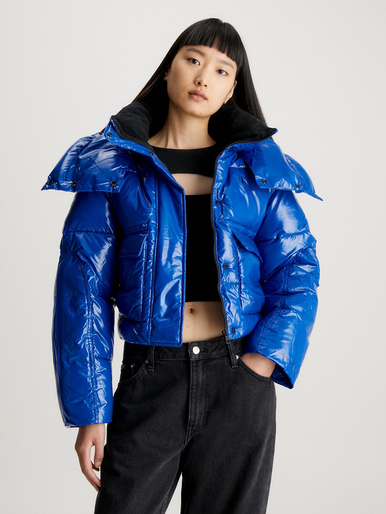 Calvin Klein Cropped High Shine Puffer Jacket in Blue | Lyst UK