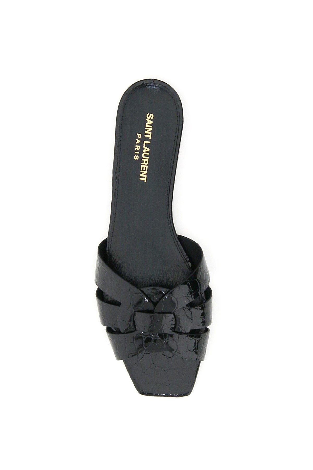 Saint Laurent Ysl Tribute Slide Sandals In Matt Leather With Crossed ...