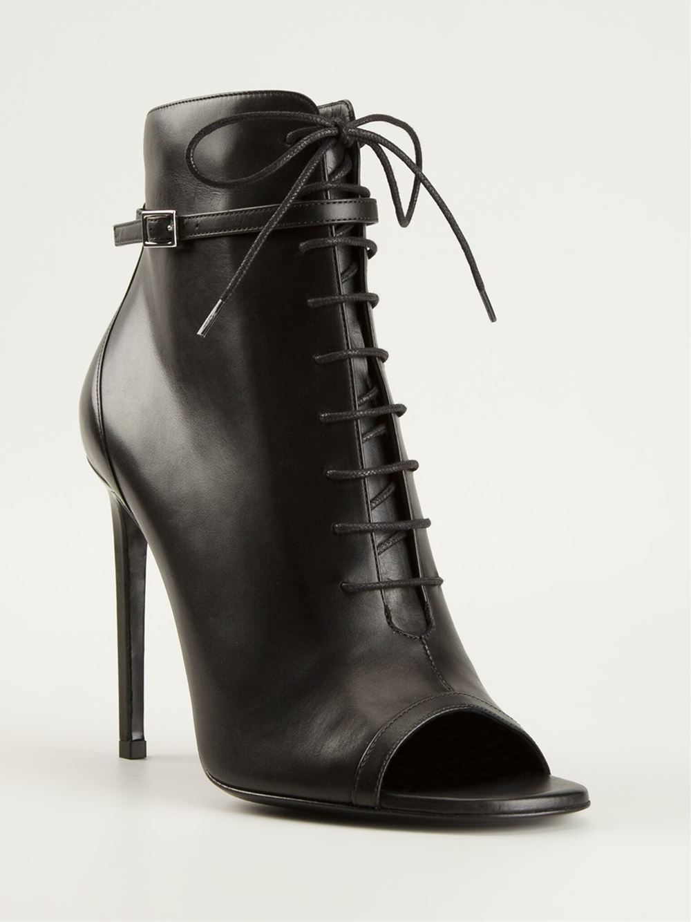 Saint Laurent Peep Toe Lace Up Boots In Black Lyst