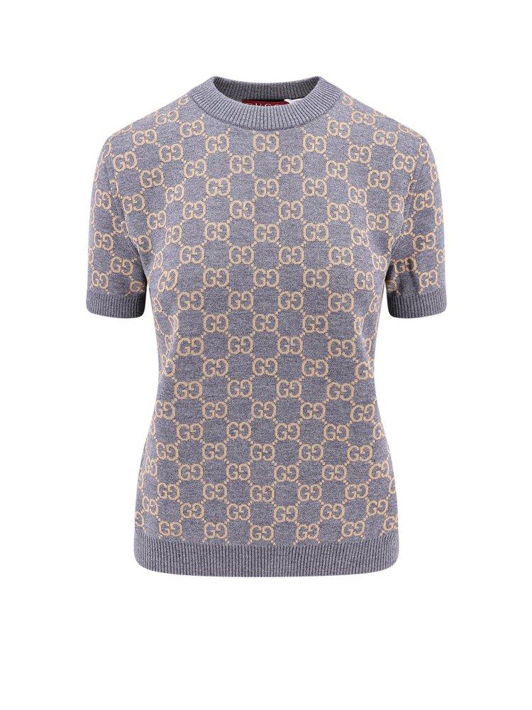 Gucci Monogrammed Intarsia Short-sleeved Jumper in Gray | Lyst