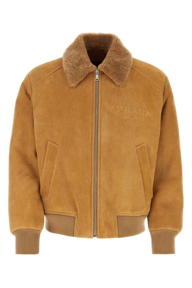 Prada Shearling-trimmed Suede Bomber Jacket in Brown for Men | Lyst