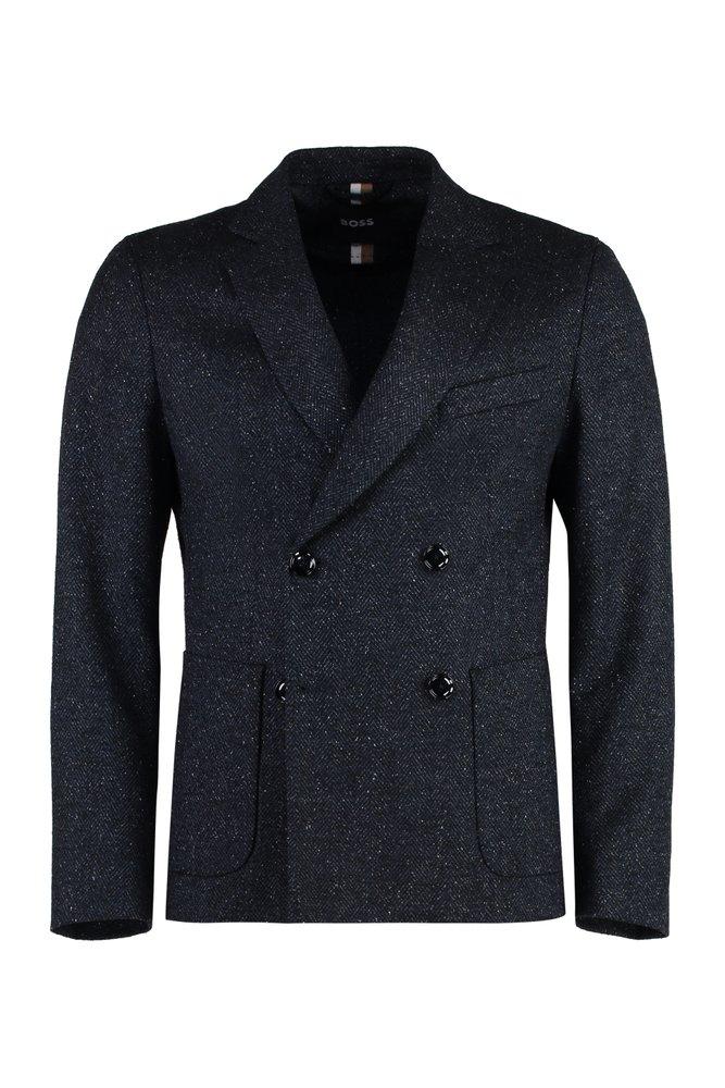BOSS Double Breasted Herringbone Pattern Jacket in Blue for Men | Lyst