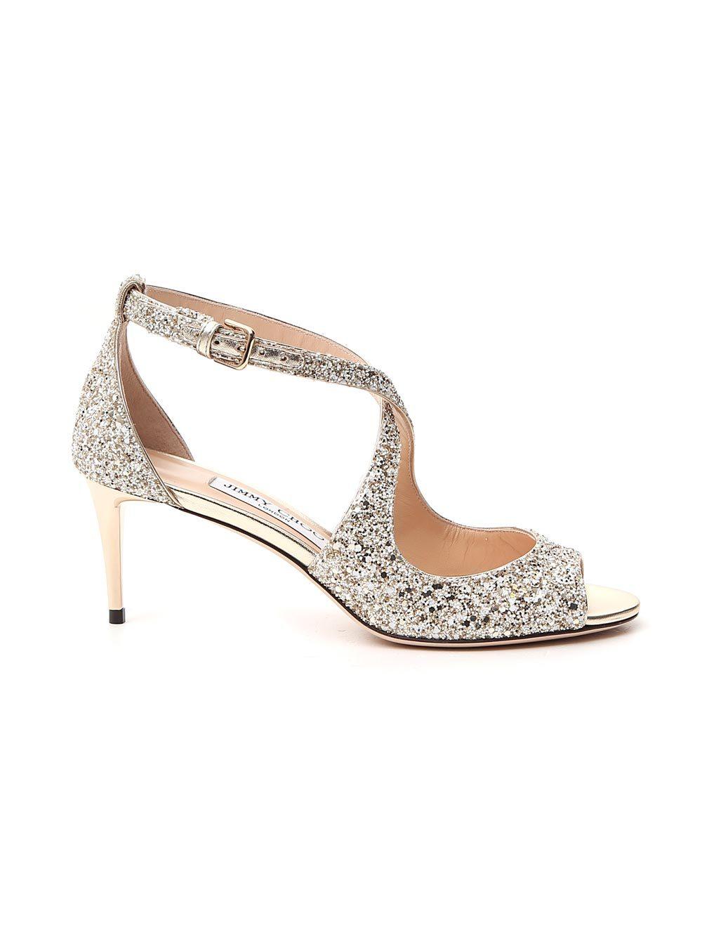 Jimmy Choo Emily 85 Champagne Glitter Heeled Sandals in Metallic | Lyst ...