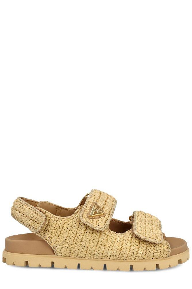 Prada Logo Patch Flat Sandals in Natural | Lyst