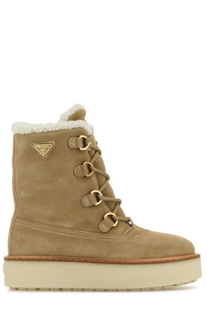 Prada Shearling Platform Ranger Boots in Brown | Lyst