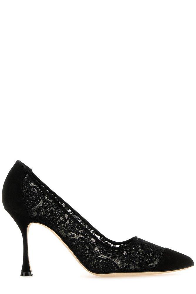 Manolo Blahnik Sololaria Laced Pointed Toe Pumps in Black | Lyst