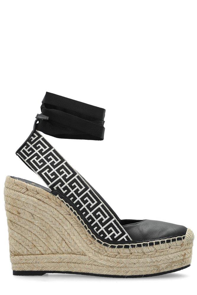 Balmain Alex Monogram Jacquard Wedged Sandals in Black | Lyst
