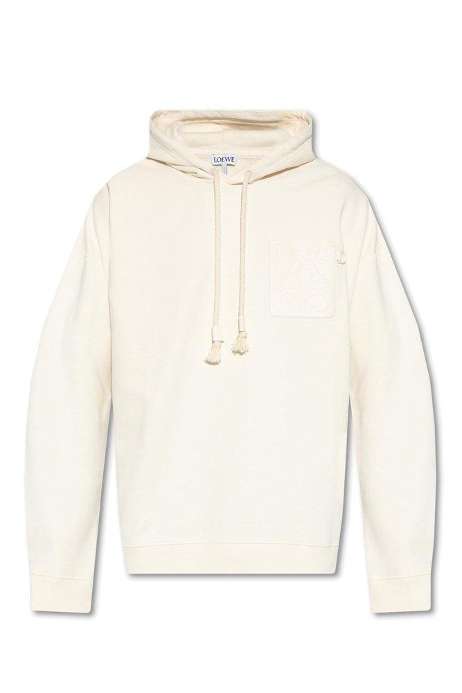 Loewe Anagram Logo Patch Drawstring Hoodie in White for Men Loewe Anagram Logo Patch Drawstring Hoodie in White for Men