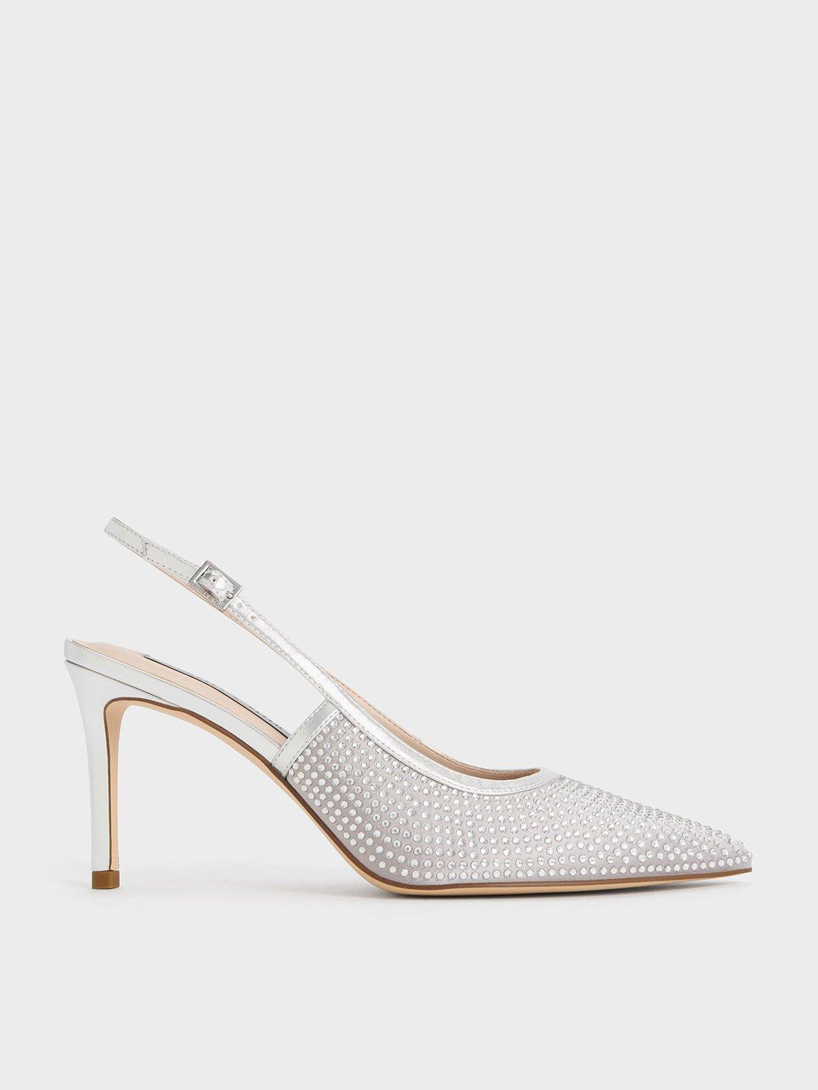 Charles & Keith Satin Crystal-embellished Slingback Pumps in White | Lyst