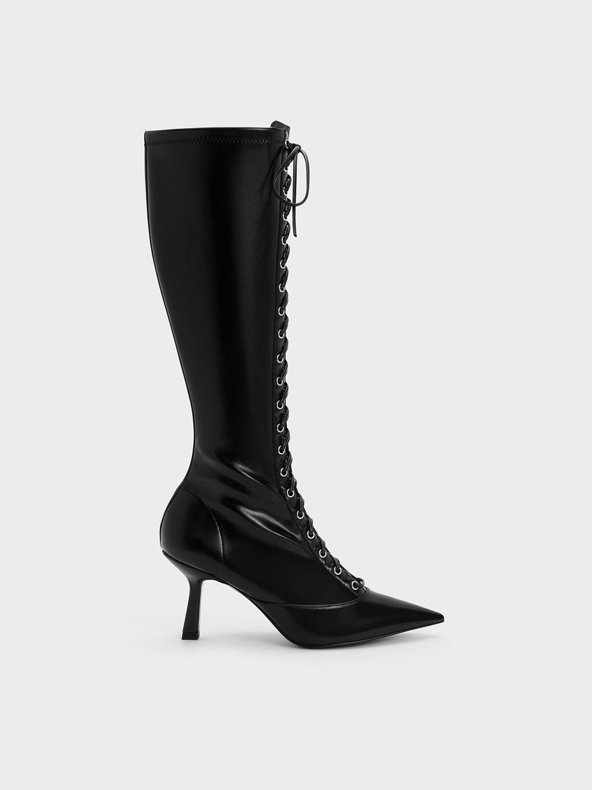 Charles & Keith Lace-up Pointed-toe Knee-high Boots in Black | Lyst