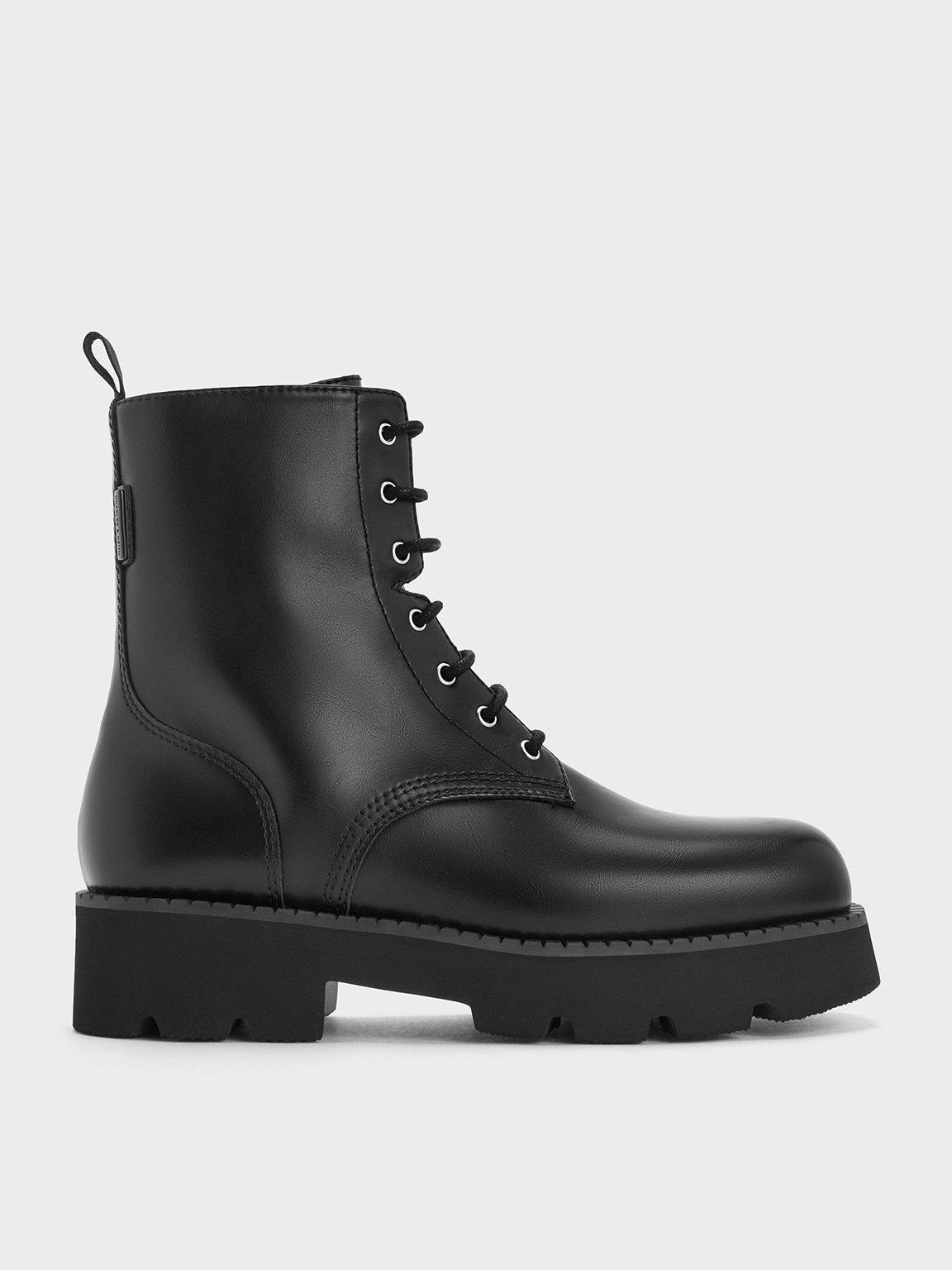 Charles & Keith Ridged-sole Lace-up Combat Boots in Black | Lyst