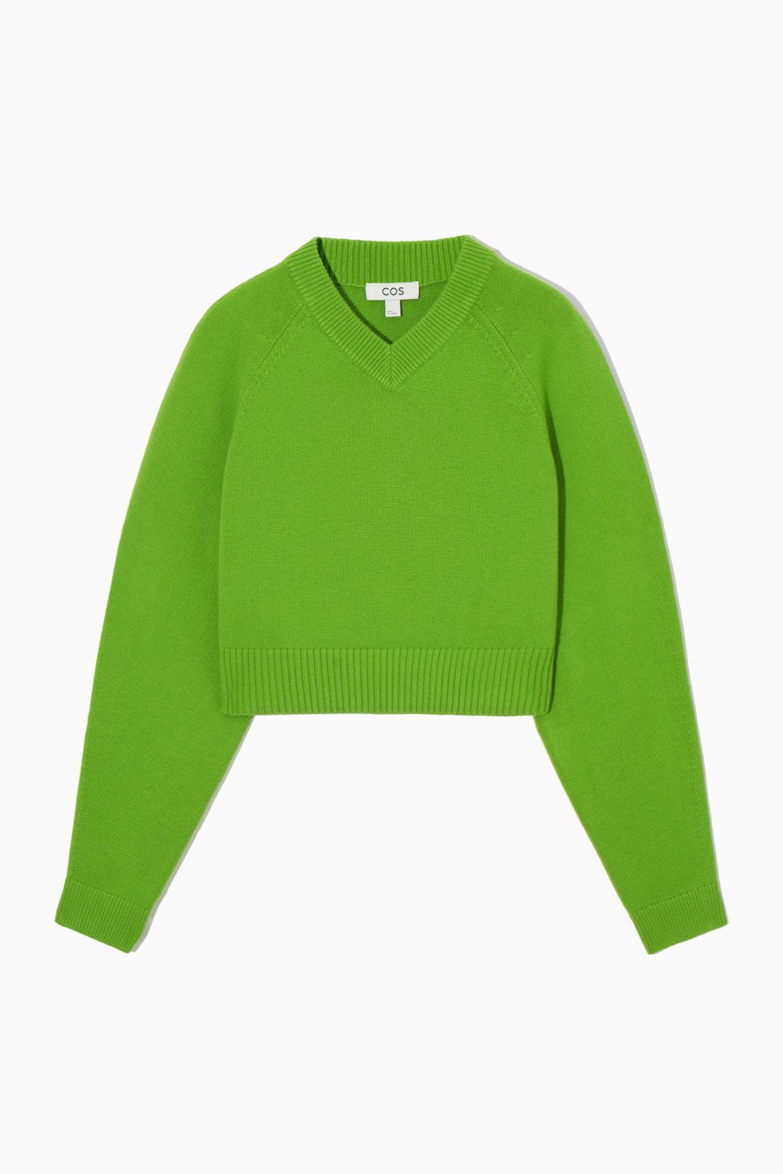 COS Cropped V-neck Wool Sweater in Green | Lyst